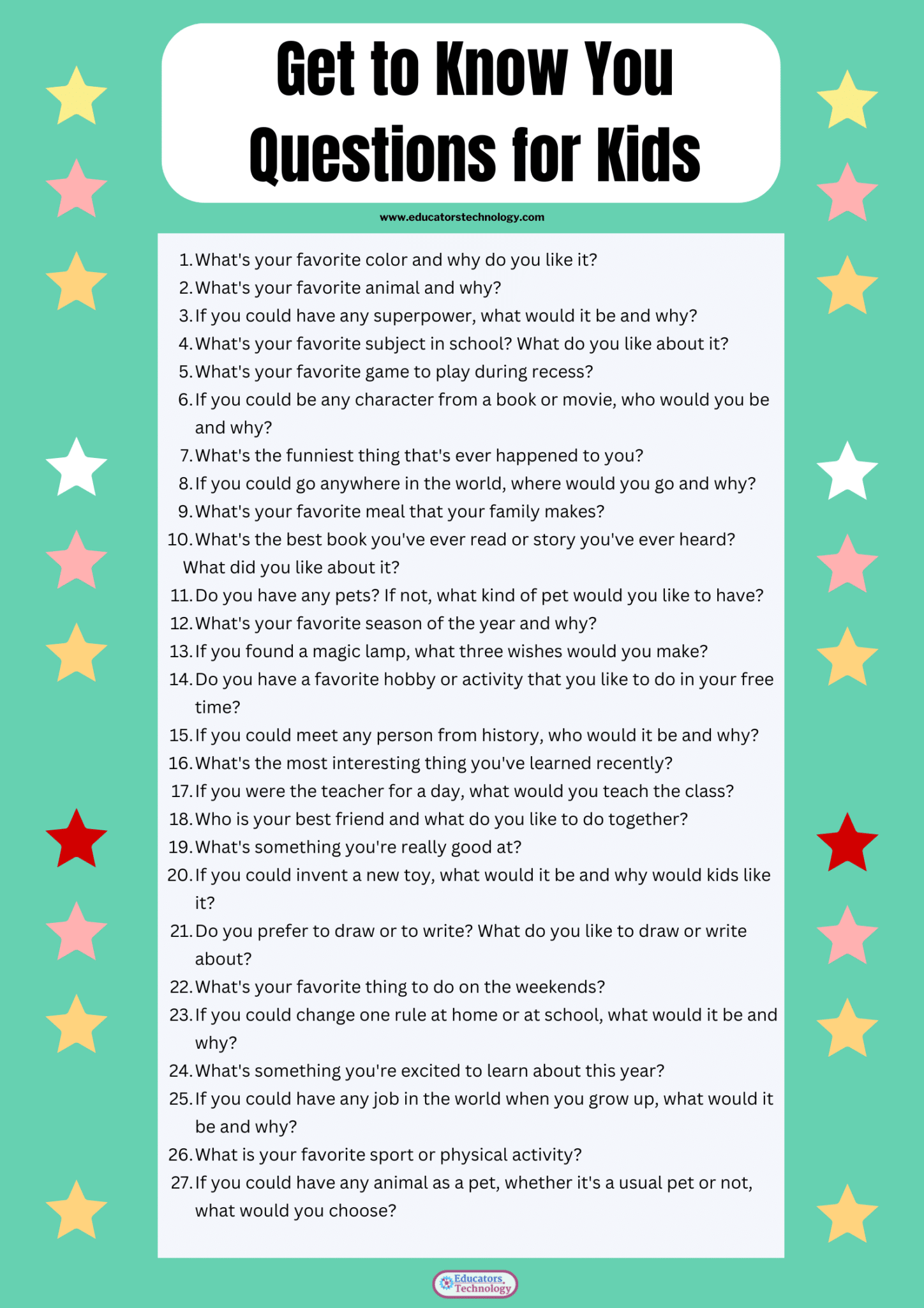 50 Fun and Engaging Get to Know You Questions for Kids - Educators ...